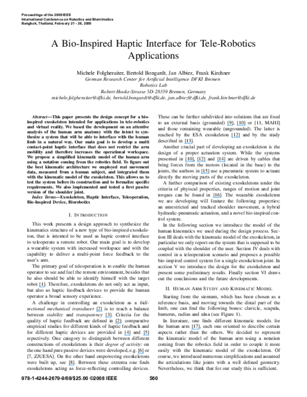 (PDF) A bio-inspired haptic interface for telerobotics applications | Michele Folgheraiter ...