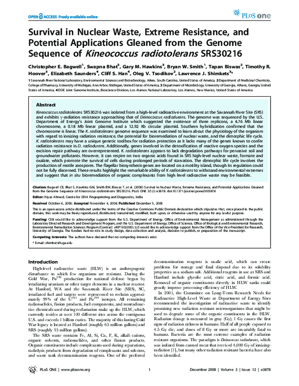 (PDF) Survival in Nuclear Waste, Extreme Resistance, and Potential ...