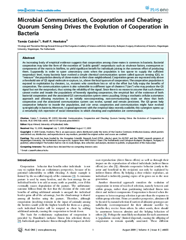 (PDF) Microbial Communication, Cooperation and Cheating: Quorum Sensing ...