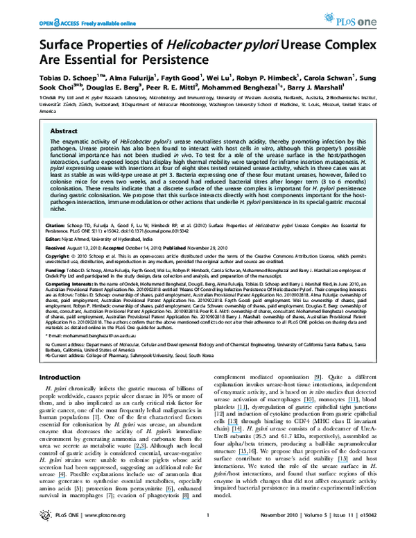 (PDF) Surface Properties of Helicobacter pylori Urease Complex Are ...
