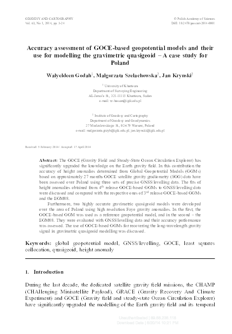 (PDF) Accuracy assessment of GOCE-based geopotential models and their use for modelling the ...