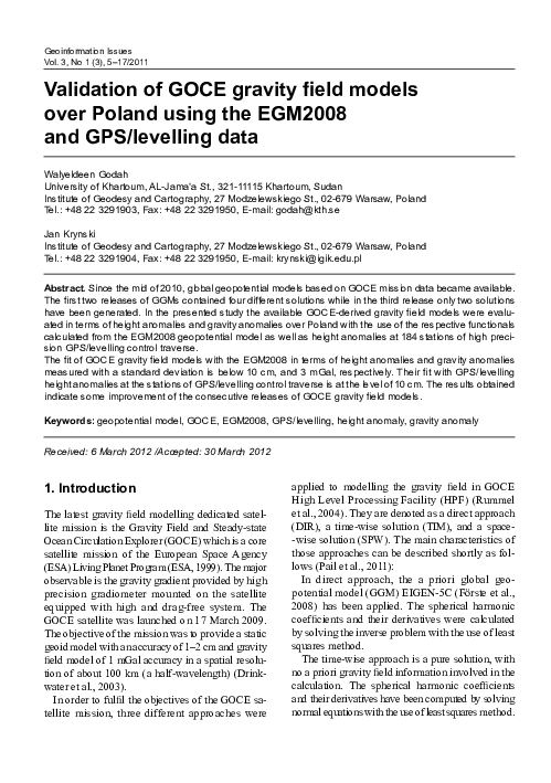 Pdf Validation Of Goce Gravity Field Models Over Poland Using The Egm2008 And Gps Levelling Data