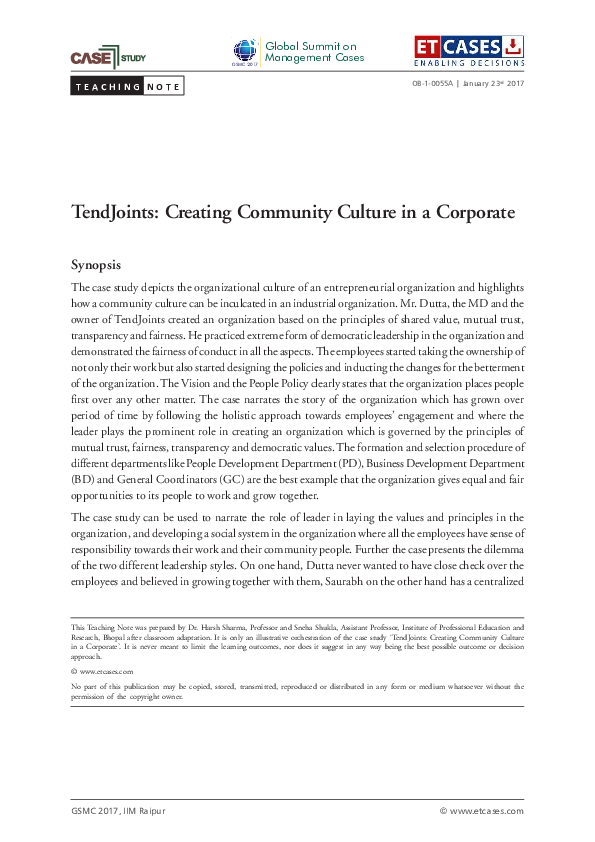 (PDF) Case Study (Teaching Notes) - TendJoints: Creating Community ...