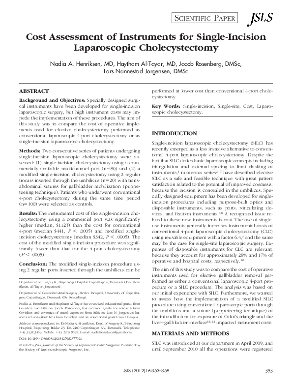 (PDF) Cost Assessment of Instruments for Single-Incision Laparoscopic Cholecystectomy