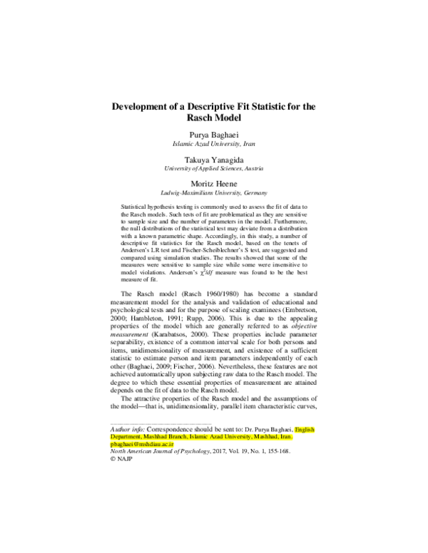 (PDF) Development of a Descriptive Fit Statistic for the Rasch Model