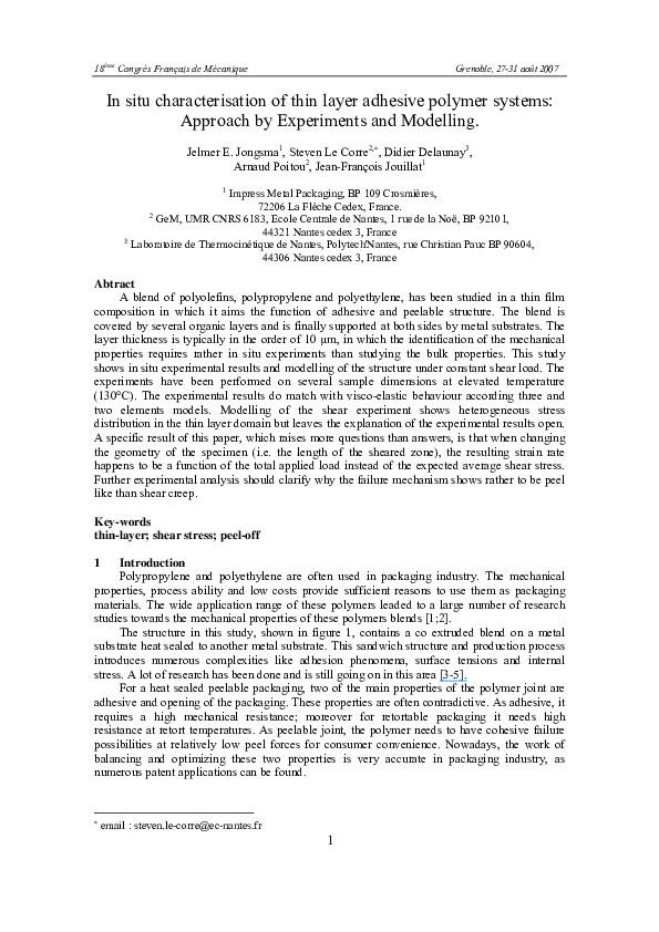 (PDF) In situ characterisation of thin layer adhesive polymer systems ...