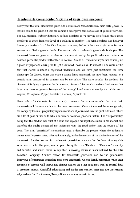 (DOC) Trademark Genericide: Victims of their own success