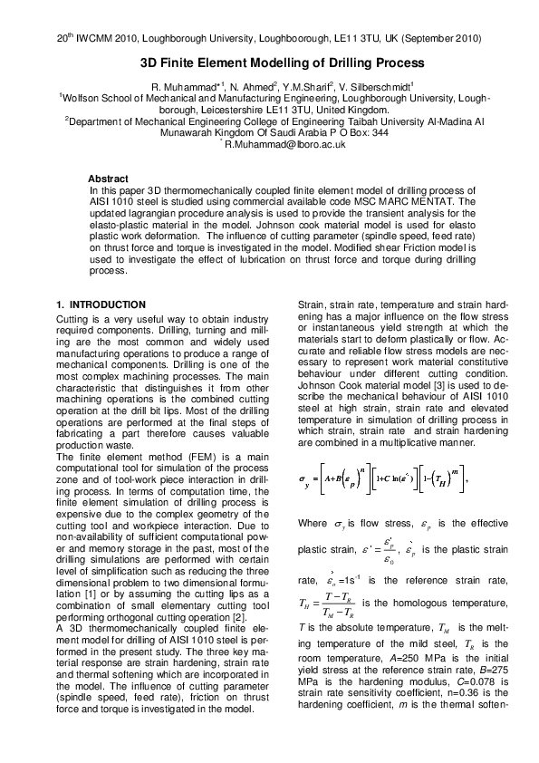 (PDF) 3D Finite Element Modelling of Drilling Process