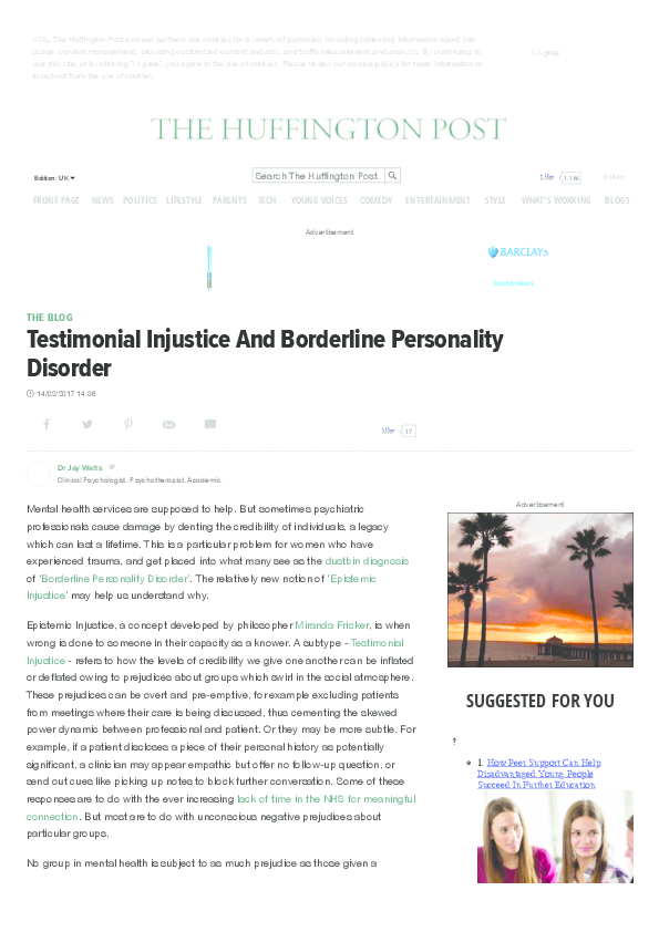 (PDF) Testimonial Injustice And Borderline Personality Disorder