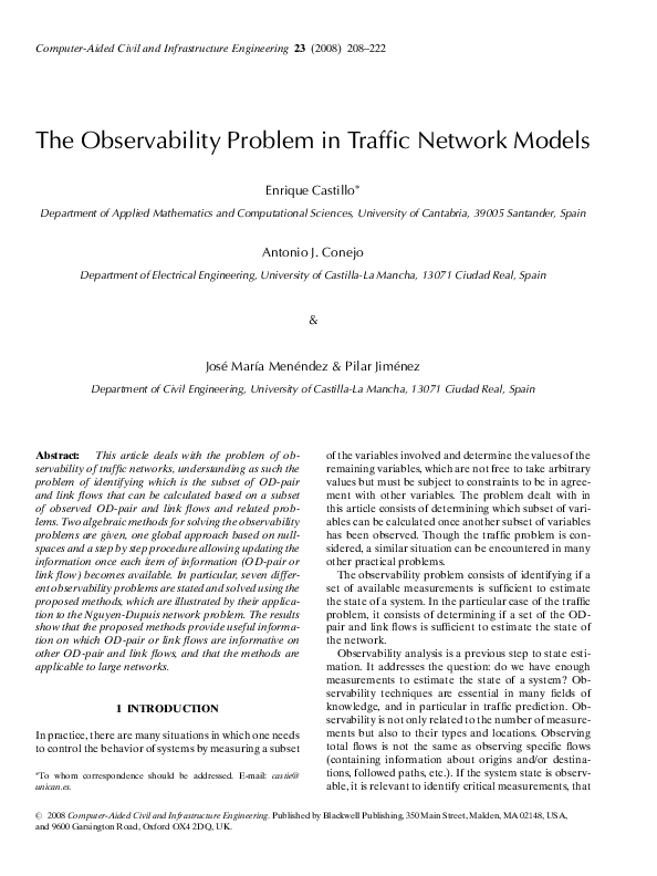 (PDF) The Observability Problem in Traffic Network Models