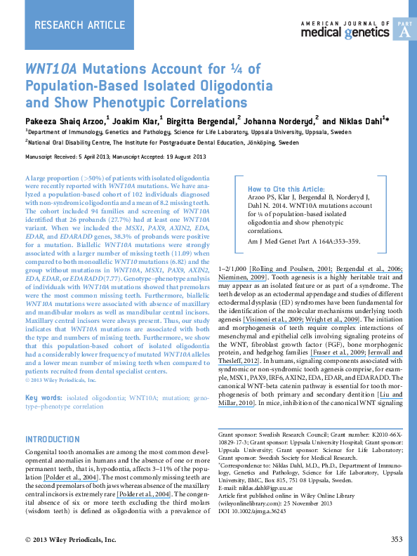 (PDF) WNT 10A mutations account for ¼ of population-based isolated ...