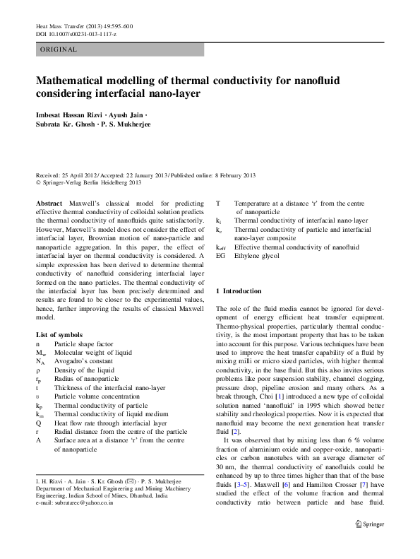 (PDF) Mathematical modelling of thermal conductivity for nanofluid considering interfacial nano ...