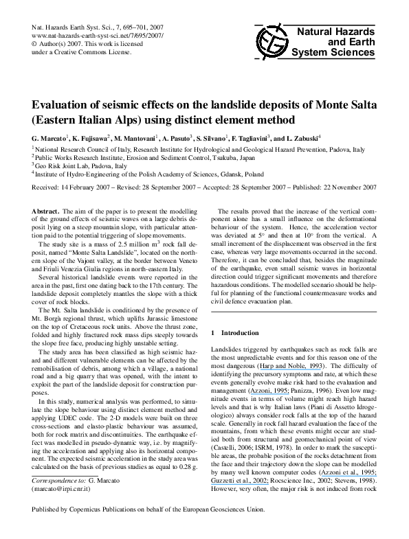 (PDF) Evaluation of seismic effects on the landslide deposits of Monte Salta (Eastern Italian ...