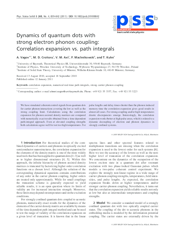 (PDF) Dynamics of quantum dots with strong electron phonon coupling: Correlation expansion vs ...