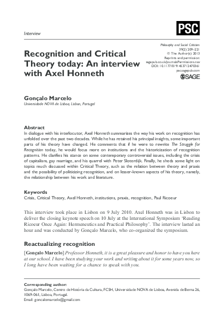 (PDF) Recognition and Critical Theory Today: An Interview with Axel Honneth