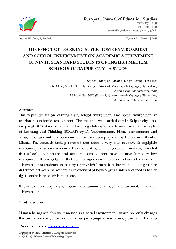 (PDF) THE EFFECT OF LEARNING STYLE, HOME ENVIRONMENT AND SCHOOL ...