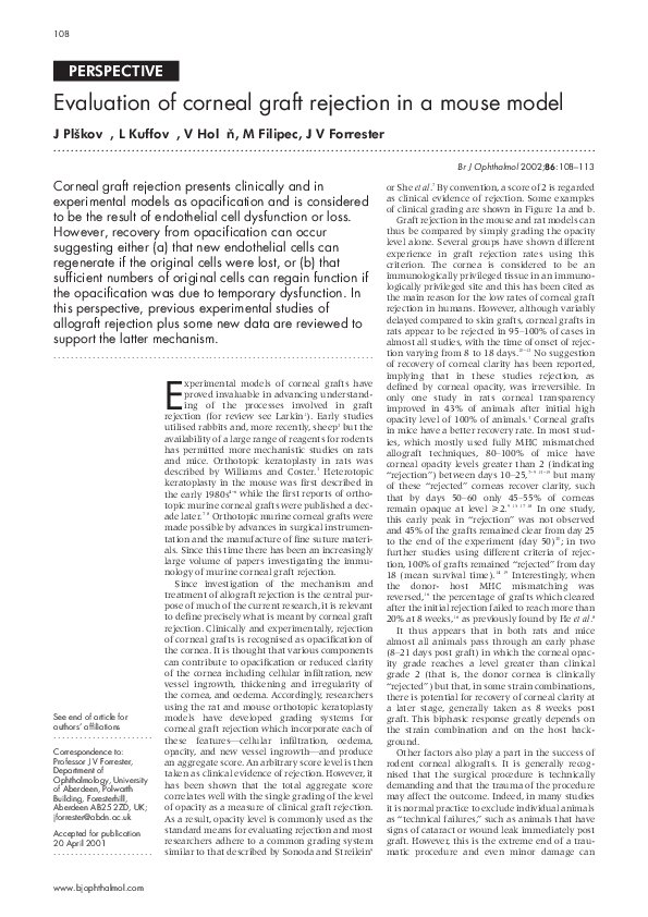 (PDF) Evaluation of corneal graft rejection in a mouse model