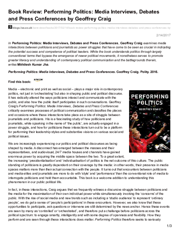 (PDF) Book Review Performing Politics Media Interviews Debates and ...