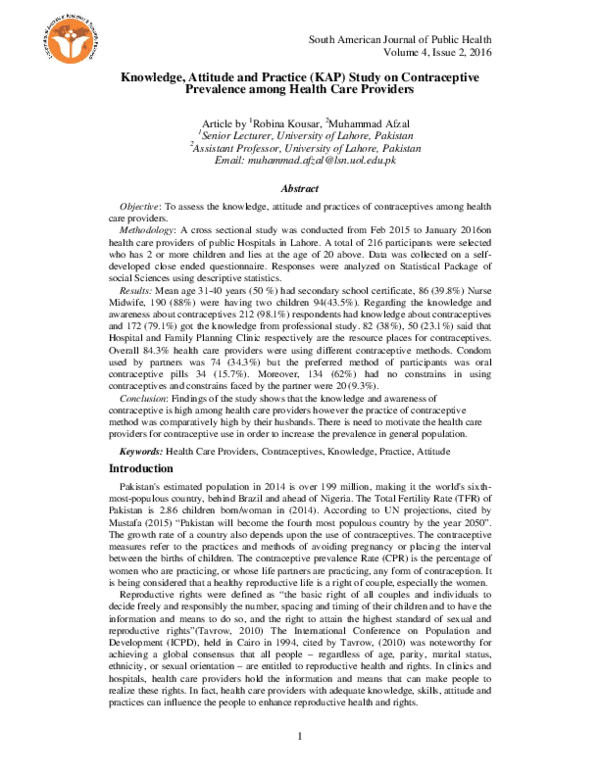 (PDF) Knowledge, Attitude and Practice (KAP) Study on Contraceptive Prevalence among Health Care ...