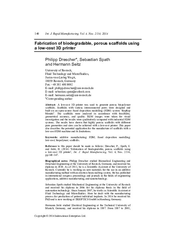 (PDF) Fabrication of biodegradable, porous scaffolds using a low-cost 3D printer