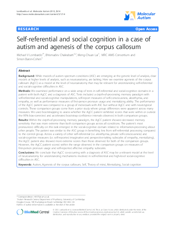 (PDF) Self-referential and social cognition in a case of autism and agenesis of the corpus ...