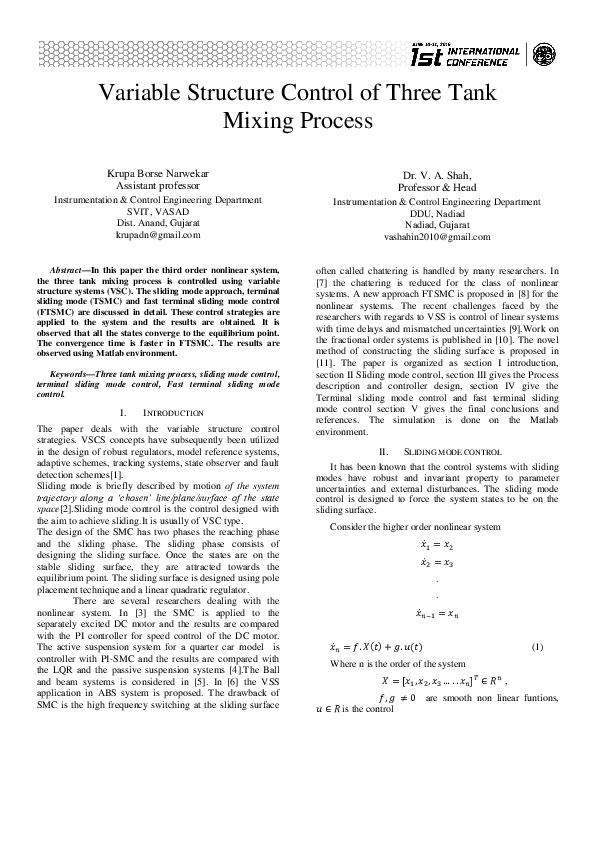 Pdf Variable Structure Control For Three Tank Mixing Process
