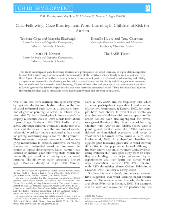 (PDF) Gaze Following, Gaze Reading, and Word Learning in Children at ...
