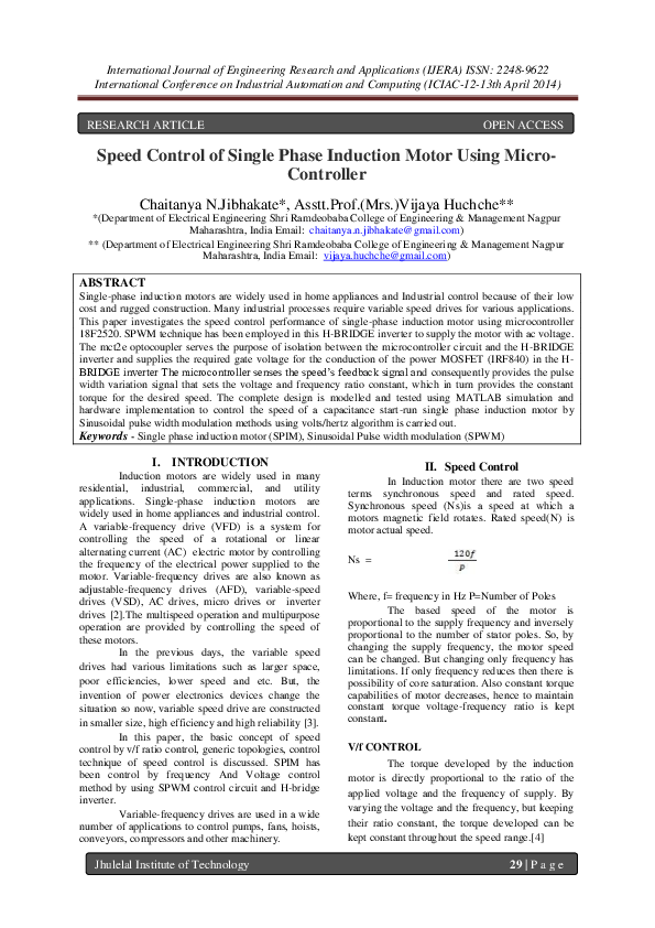Pdf Speed Control Of Single Phase Induction Motor Using Micro Controller