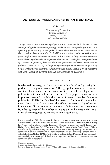 (PDF) Defensive Publications in an R&D Race