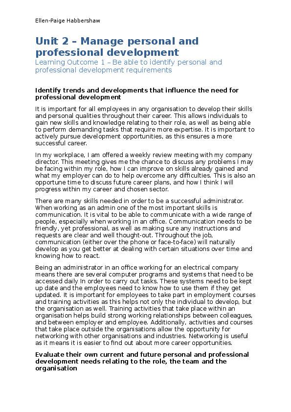 (DOC) Unit 2 – Manage Personal and Professional Development Outcome 1