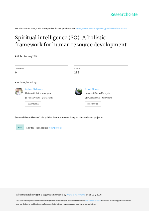 (PDF) Spiritual intelligence (SQ): A holistic framework for human resource development
