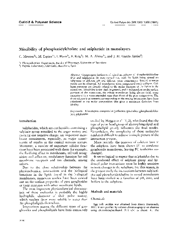 (PDF) Miscibility of phosphatidylcholine and sulphatide in monolayers