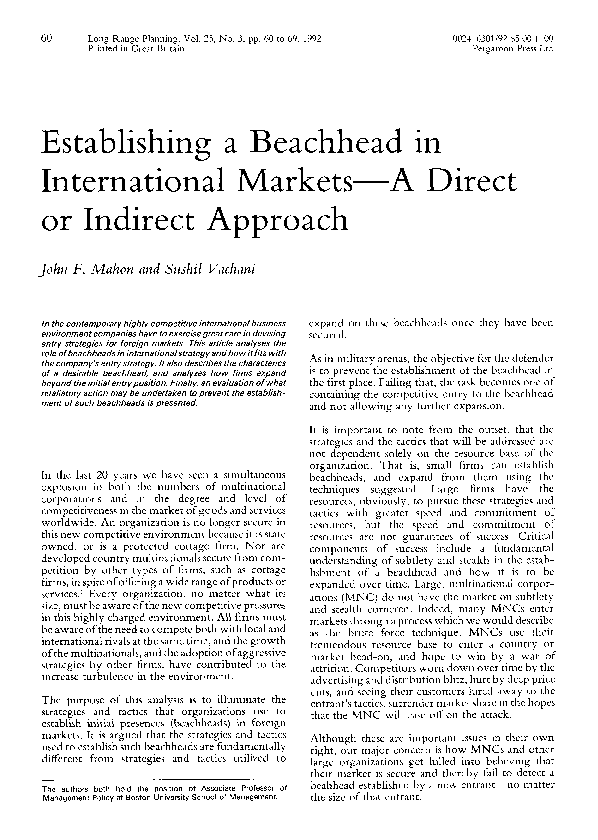 (PDF) Establishing a beachhead in international markets—A direct or ...