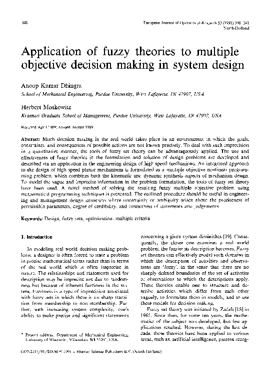 Pdf Application Of Fuzzy Theories To Multiple Objective Decision