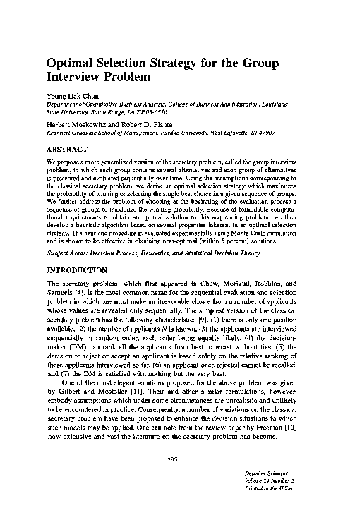 (PDF) Optimal Selection Strategy for the Group Interview Problem