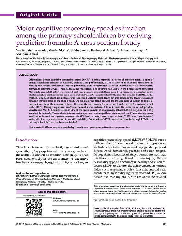 (PDF) Motor cognitive processing speed estimation among the primary ...