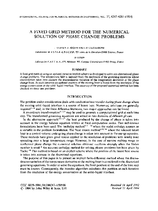(PDF) A fixed grid method for the numerical solution of phase change problems