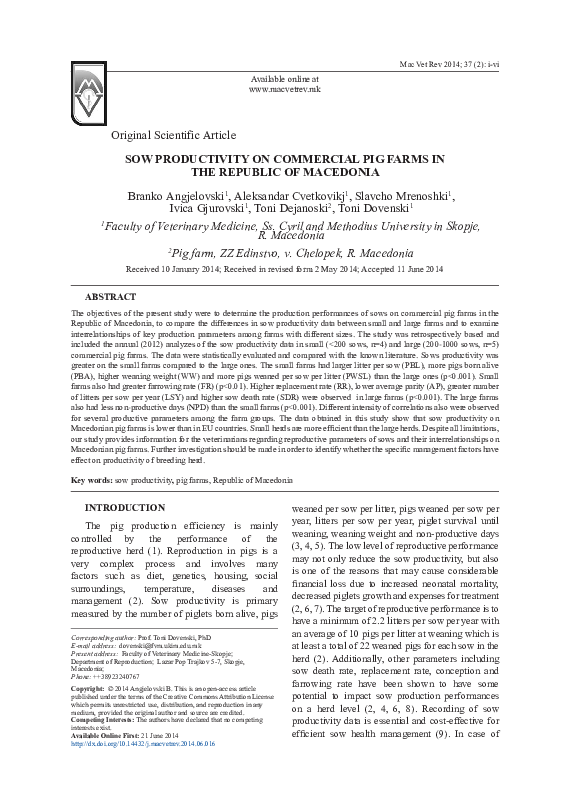 (PDF) Sow productivity on commercial pig farms in the Republic of Macedonia