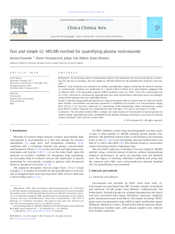 (PDF) Fast and simple LC–MS/MS method for quantifying plasma voriconazole