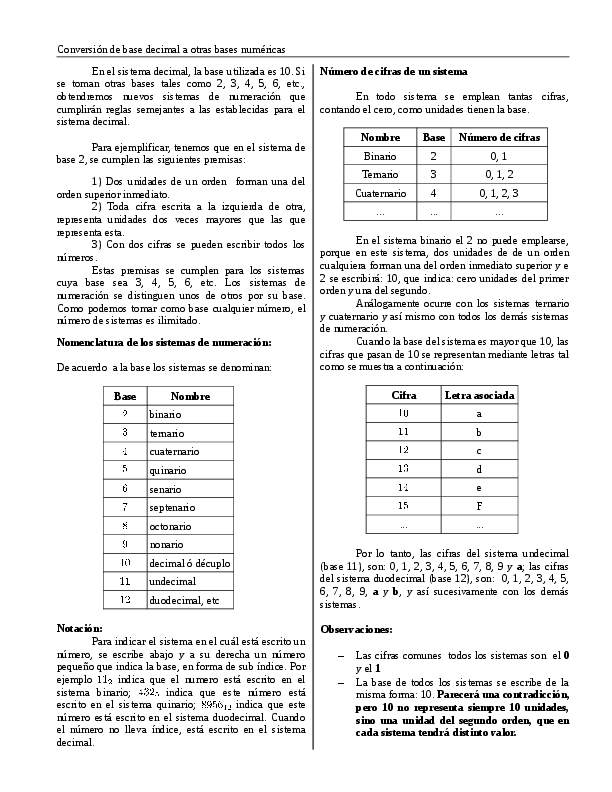 (PDF) Conversión de base decimal a otras bases numéricas