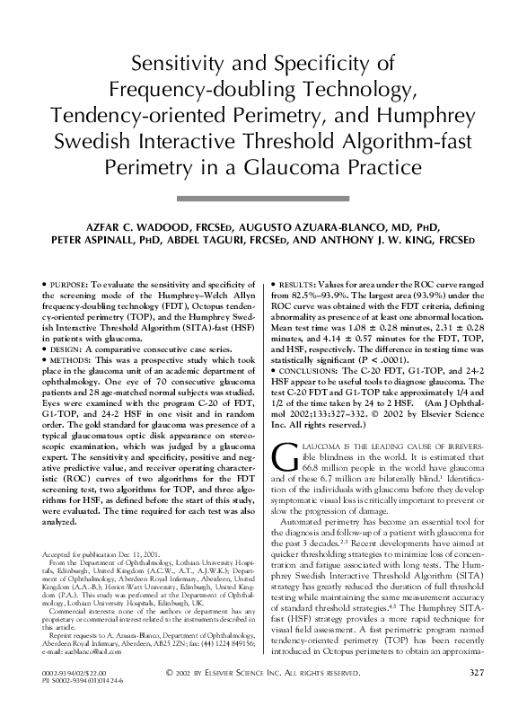 (PDF) Sensitivity and specificity of frequency-doubling technology, tendency-oriented perimetry ...