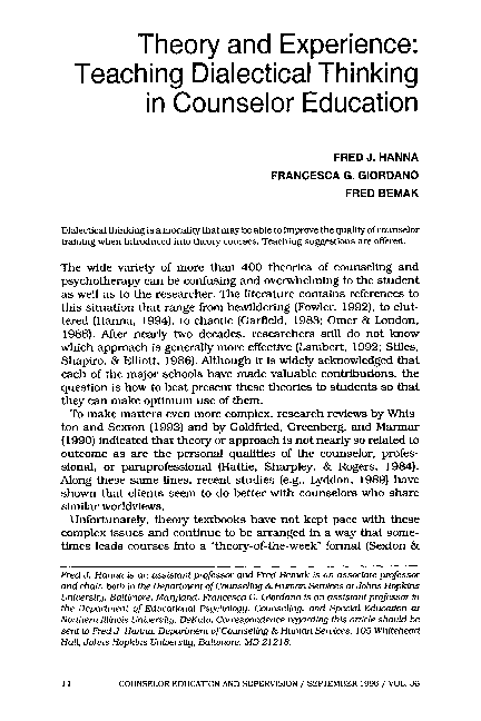 (PDF) Theory and Experience: Teaching Dialectical Thinking in Counselor ...