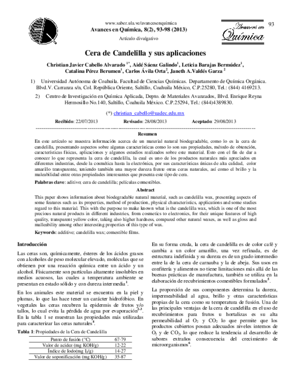 (PDF) Cera de Candelilla y sus aplicaciones | Catalina PEREZ-BERUMEN ...