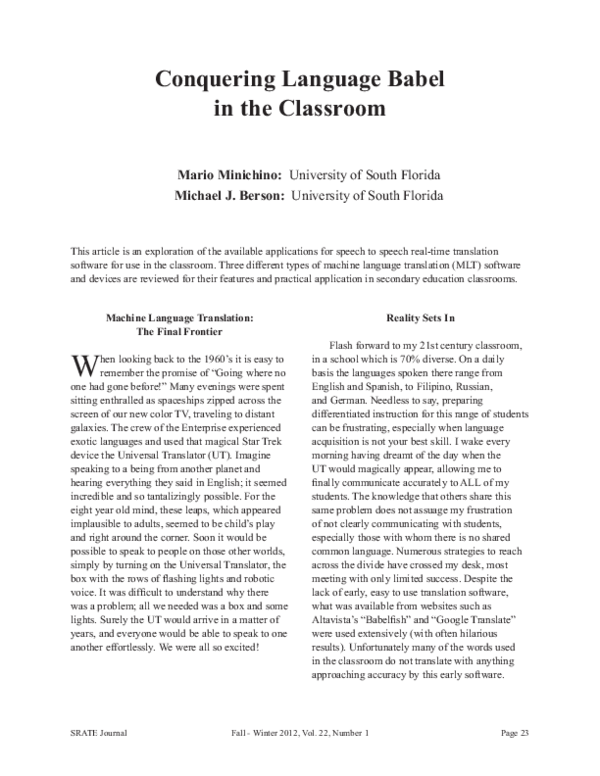 (PDF) Conquering Language Babel in the Classroom | Mario Minichino ...