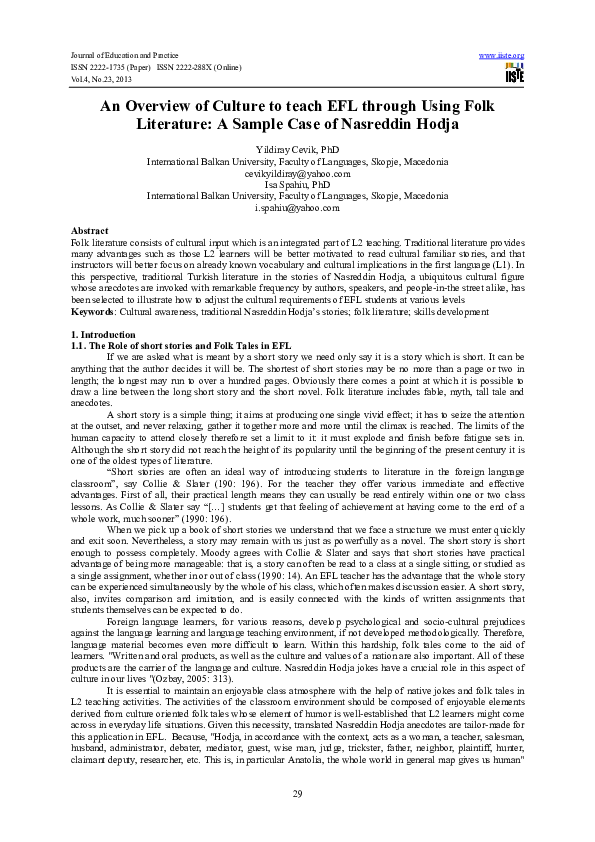 (PDF) An Overview of Culture to teach EFL through Using Folk Literature ...