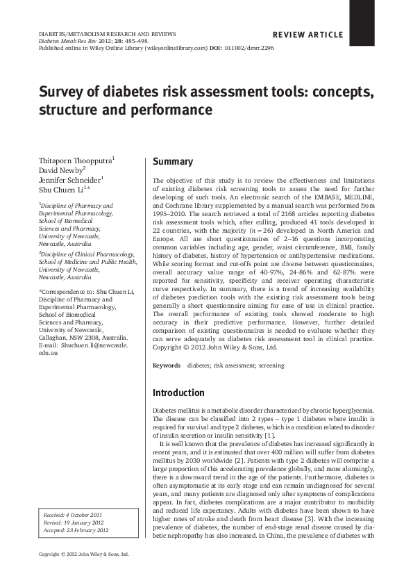 (PDF) Survey of diabetes risk assessment tools: concepts, structure and ...