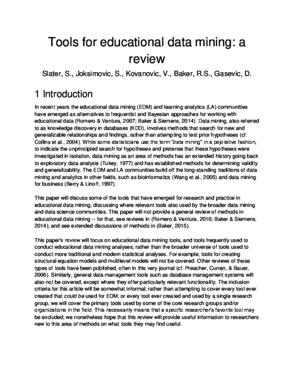 Pdf Tools For Educational Data Mining A Review