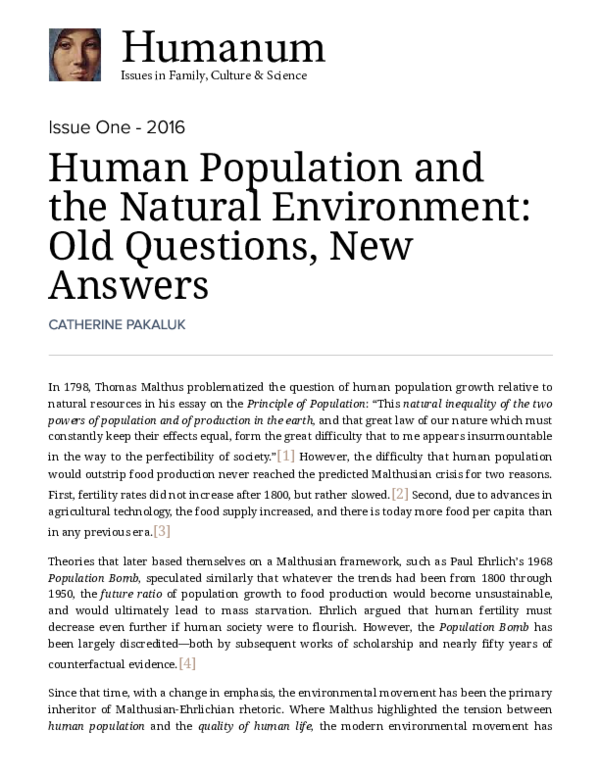 (PDF) Human Population and the Natural Environment: Old Questions, New ...