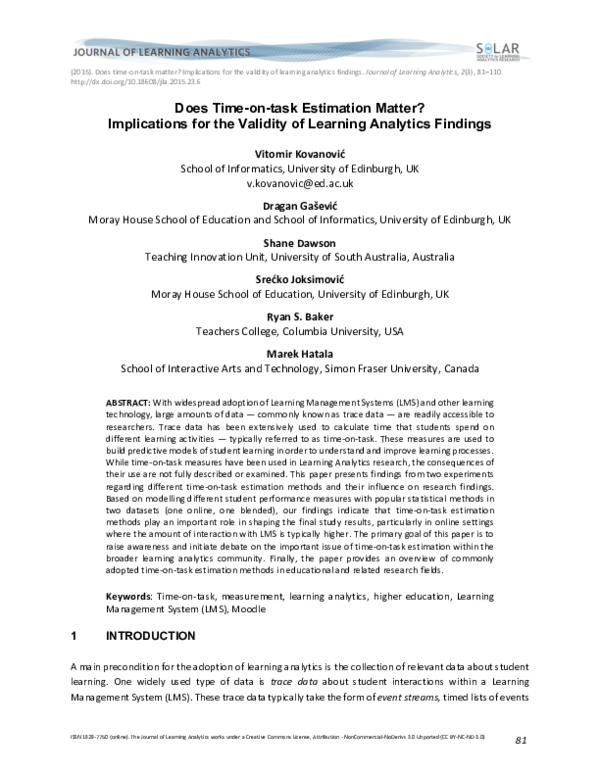 (PDF) Does time-on-task estimation matter? Implications on validity of learning analytics findings