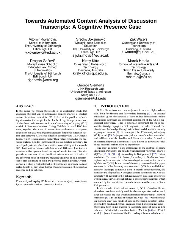 (PDF) Towards automated content analysis of discussion transcripts: A ...
